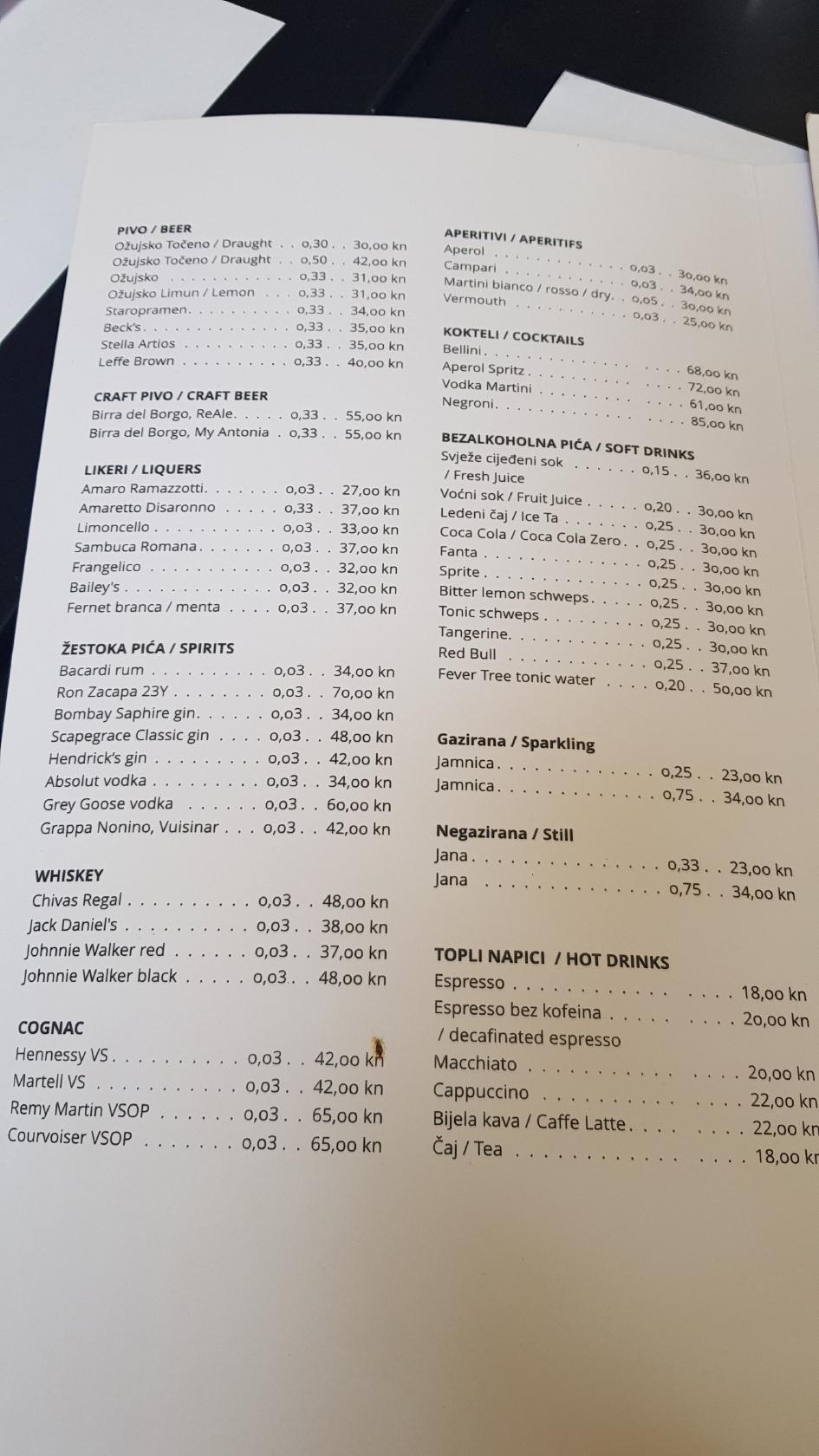 Menu at Segreto Pasta & Grill restaurant, Dubrovnik