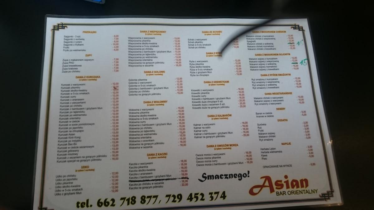 Menu at Bar Asian, Turek