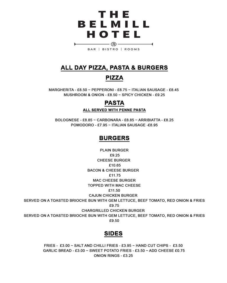 Menu at Belmill Hotel cafe, Bellshill
