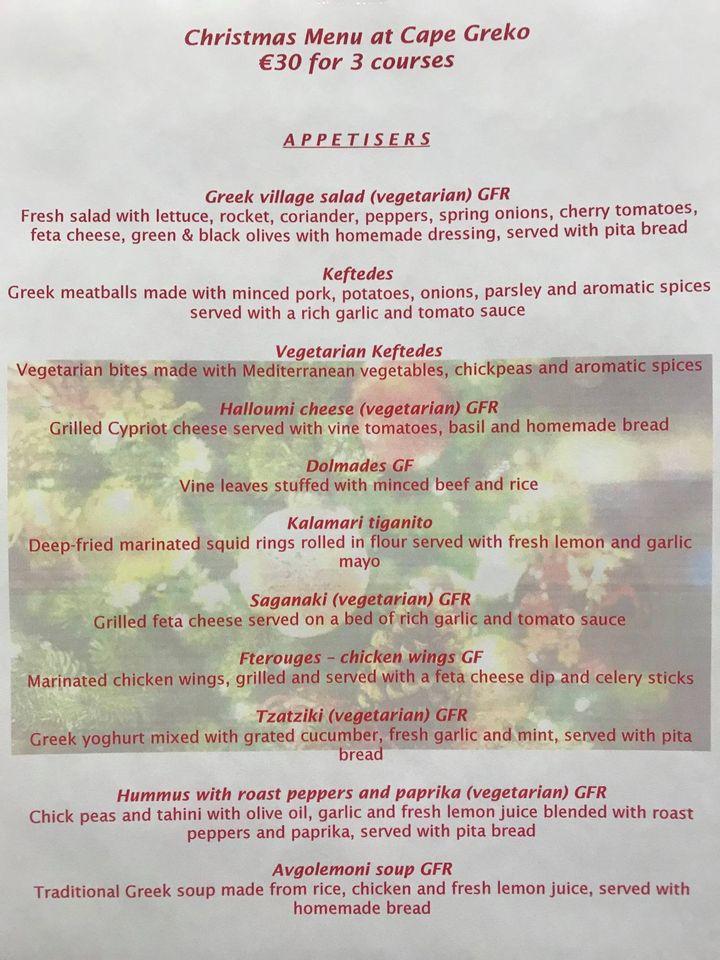 Menu at Cape Greko Greek & Cypriot restaurant, Malahide