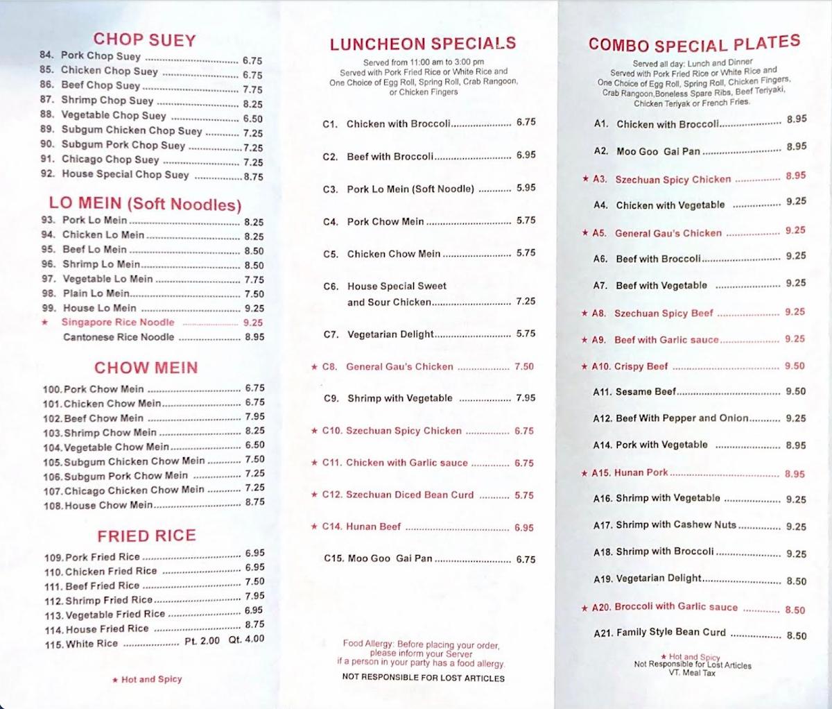 Menu at Chan's House restaurant, Bradford