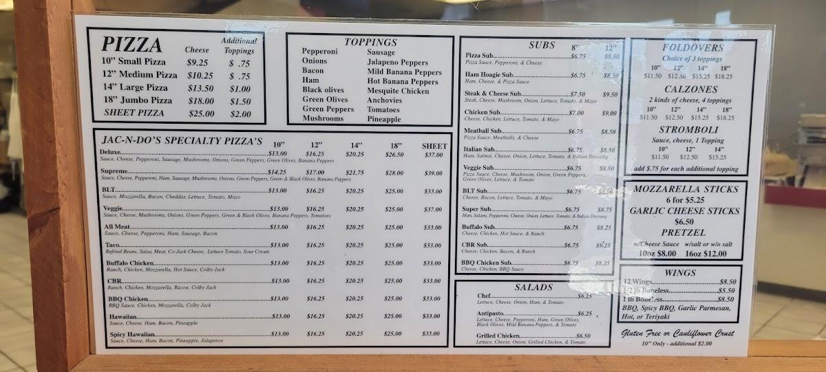 Menu at Jac-N-Do's pizzeria, Urbana