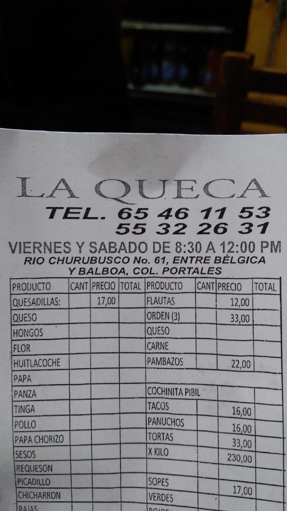 Menu at La Queca restaurant, Mexico City