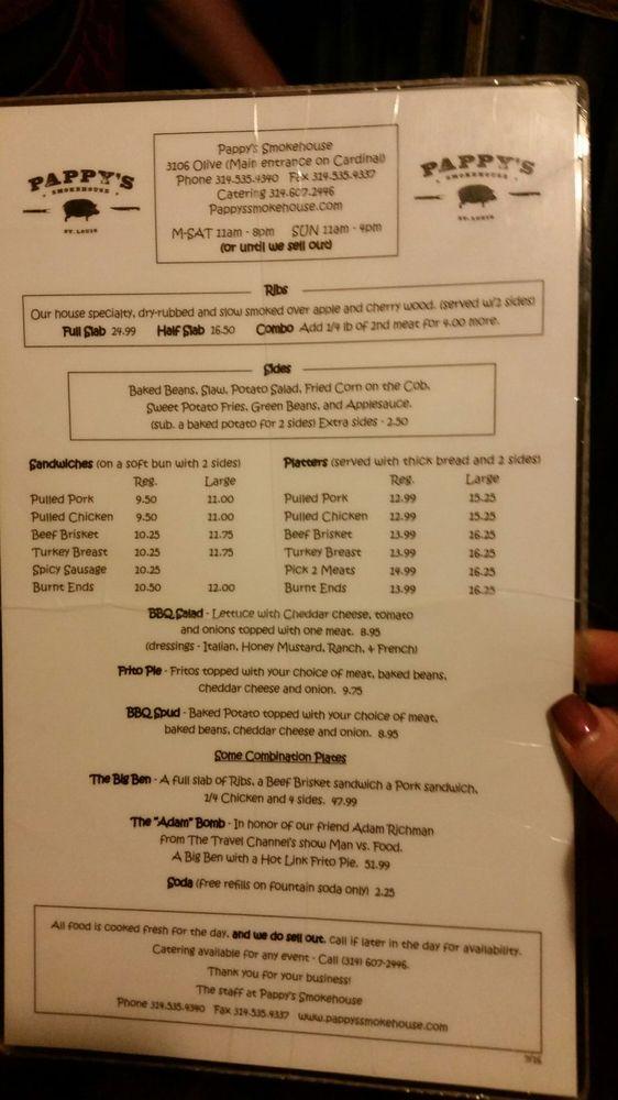 Menu at Pappy's Smokehouse BBQ, St. Louis