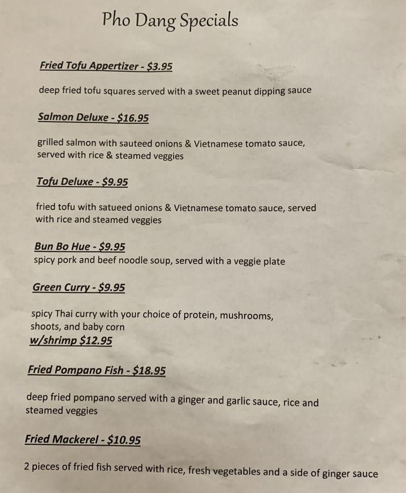 Menu at Pho Dang Vietnamese Cafe, Winooski