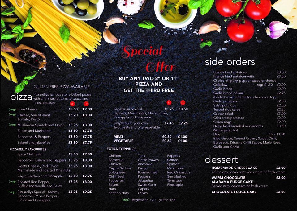 Menu at Pizzarellys restaurant, Lisburn
