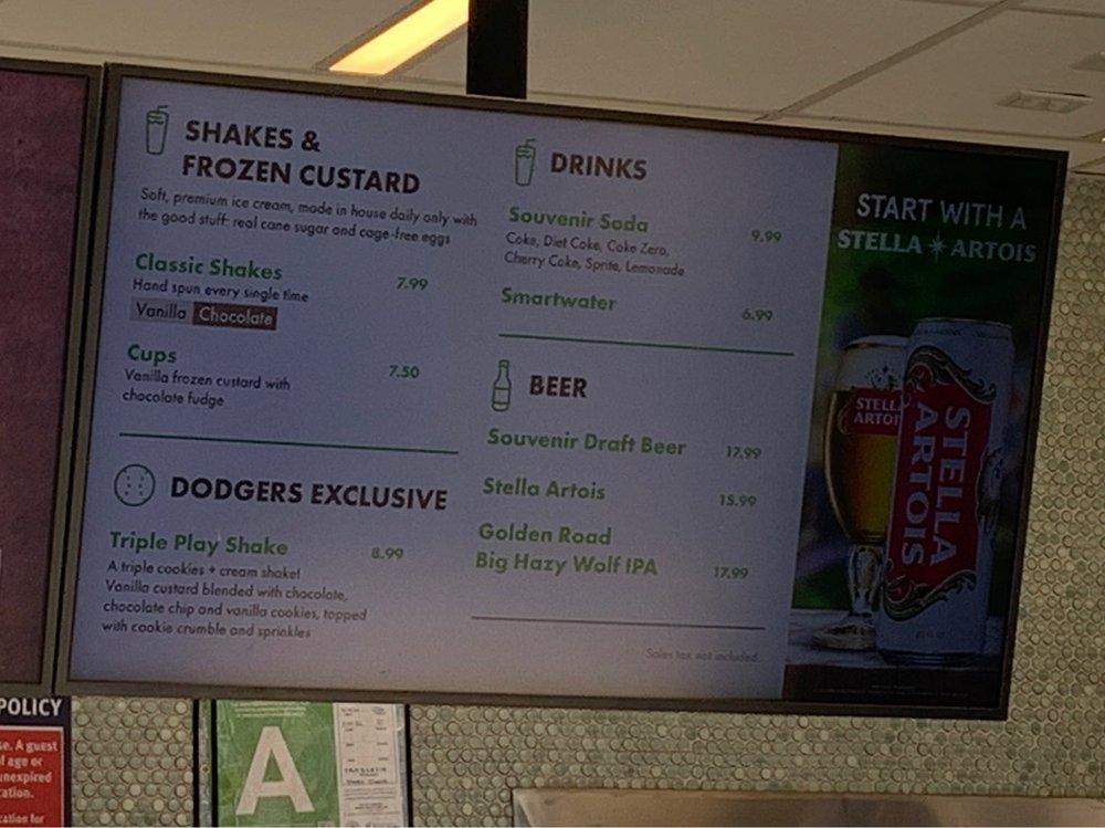 Menu at Shake Shack restaurant, Los Angeles, Vin Scully Ave