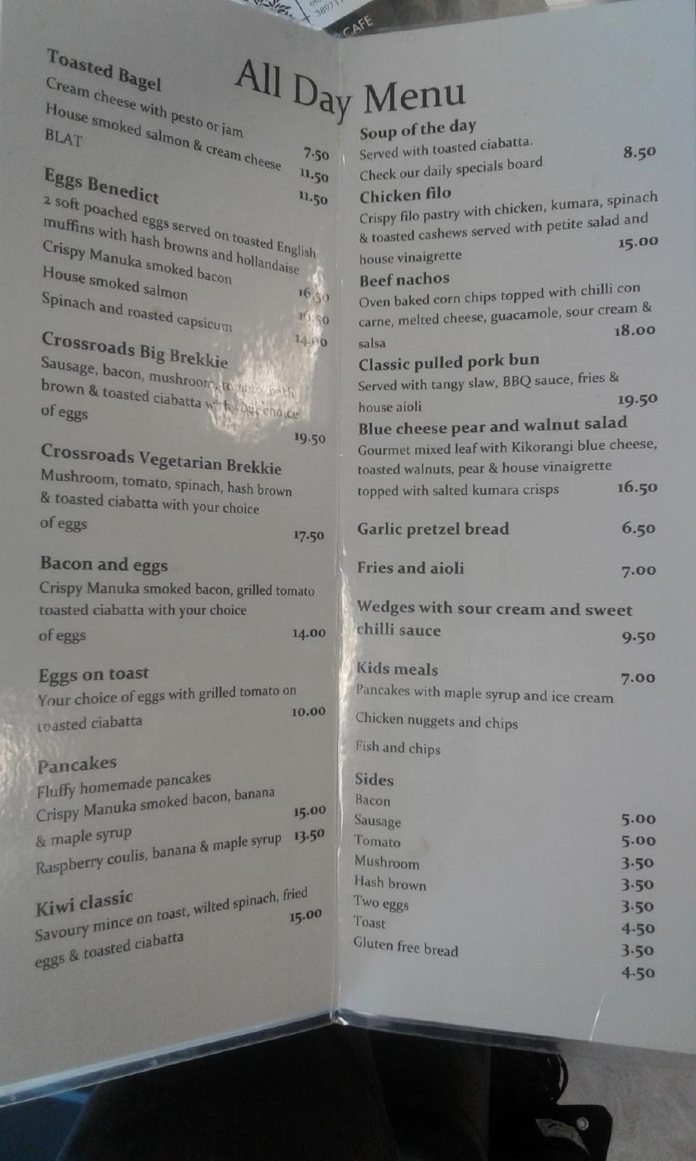 Menu at Crossroads cafe, Christchurch
