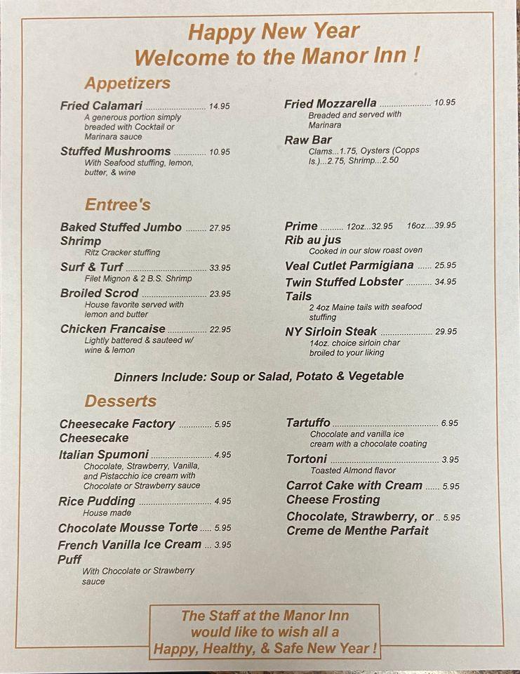 Menu at Manor Inn Restaurant, Southington