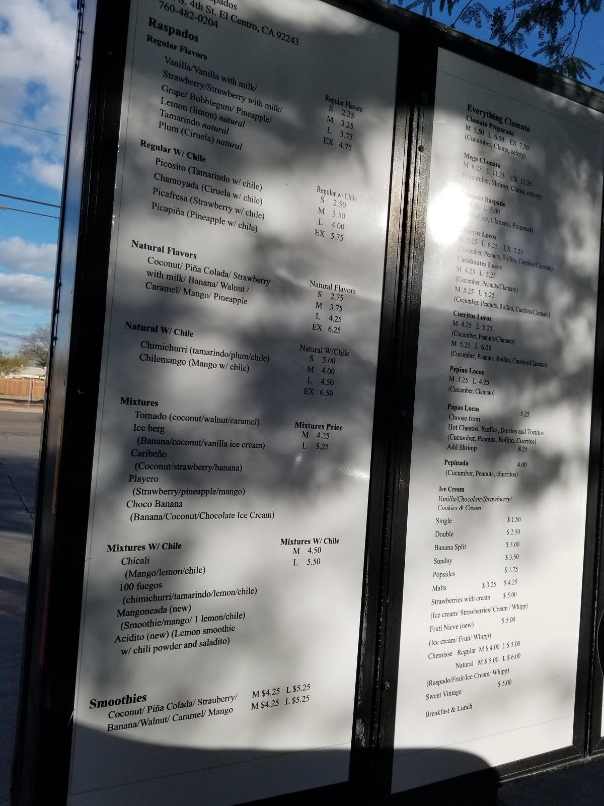 Menu at Ruben's Raspados desserts, El Centro, 734 S 4th St