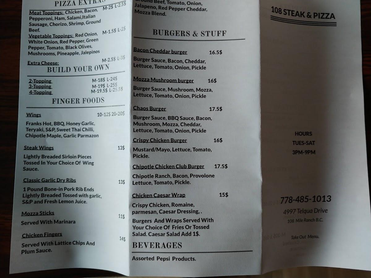 Menu at The Hanger restaurant, 108 Mile Ranch