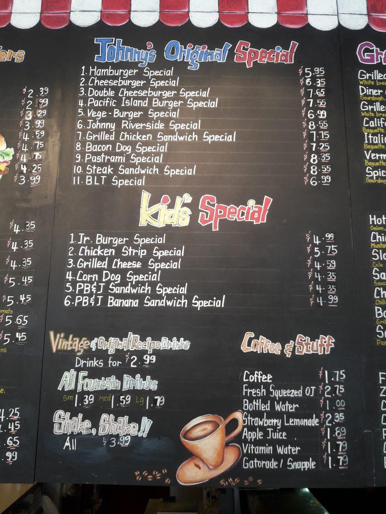Menu at Johnny's Burgers restaurant, Riverside, Riverside Plaza Dr