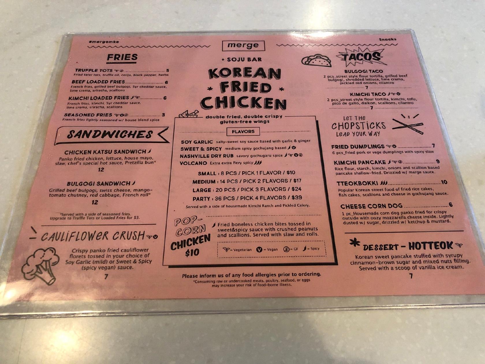 Menu at Merge | Korean Fried Chicken + Soju Bar, Milwaukee