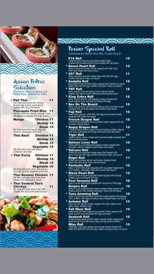 Menu at Mizu Asian Bistro restaurant, Seekonk