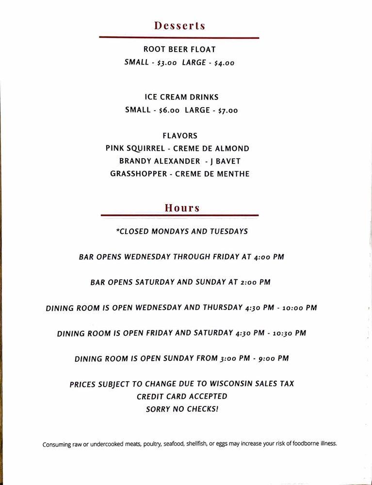Menu at Old Abe's Supper Club, USA
