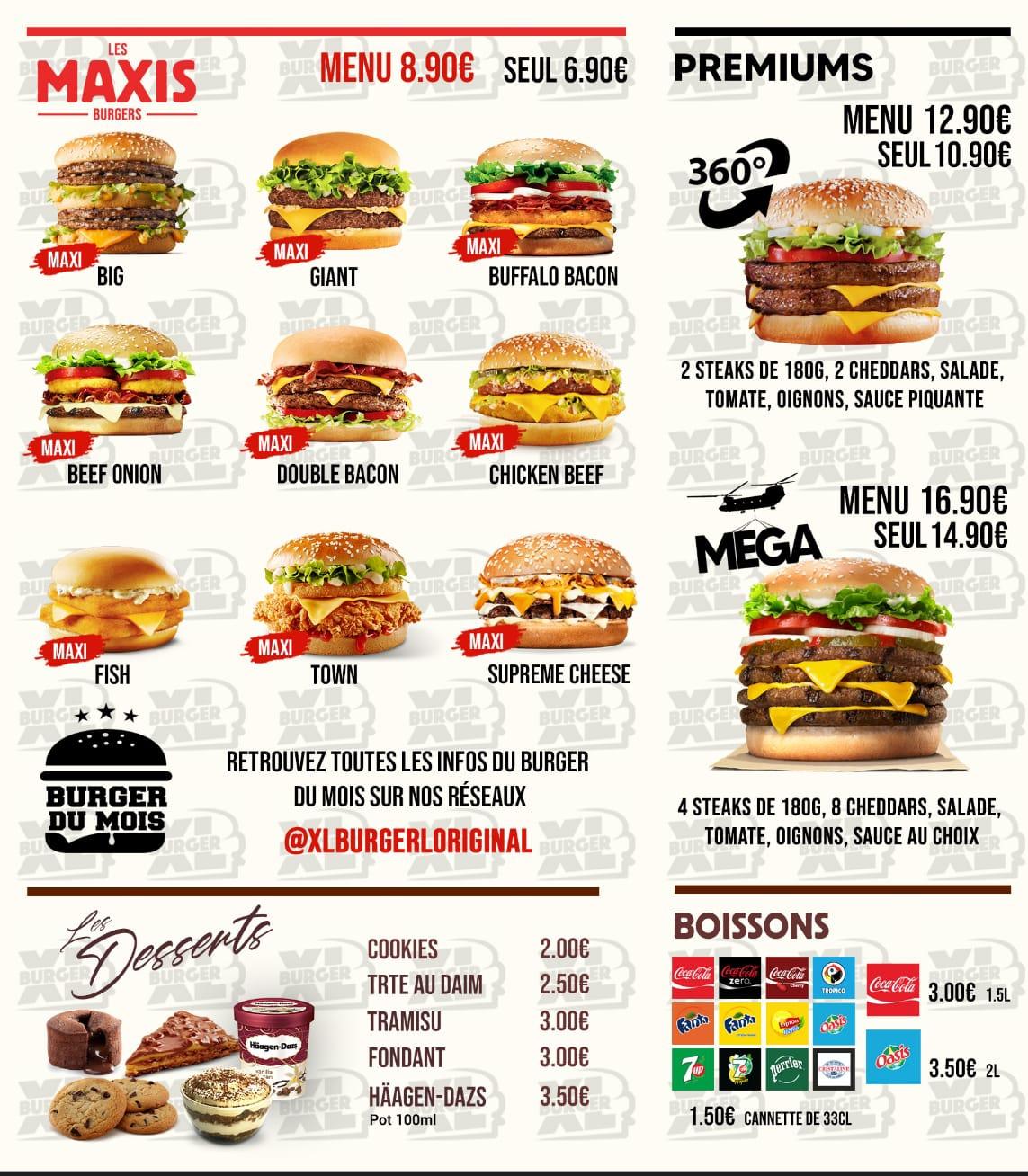 Menu au XL BURGER restaurant, Palaiseau