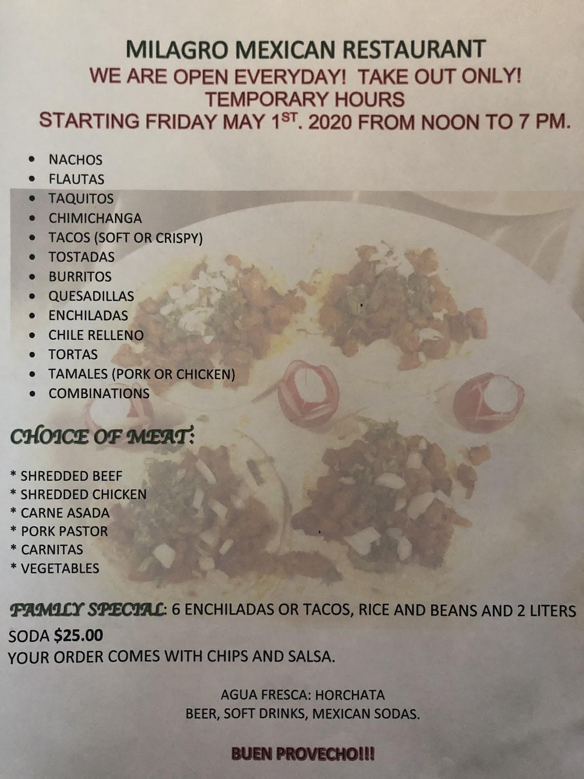 Menu at El Milagro restaurant, Grass Valley