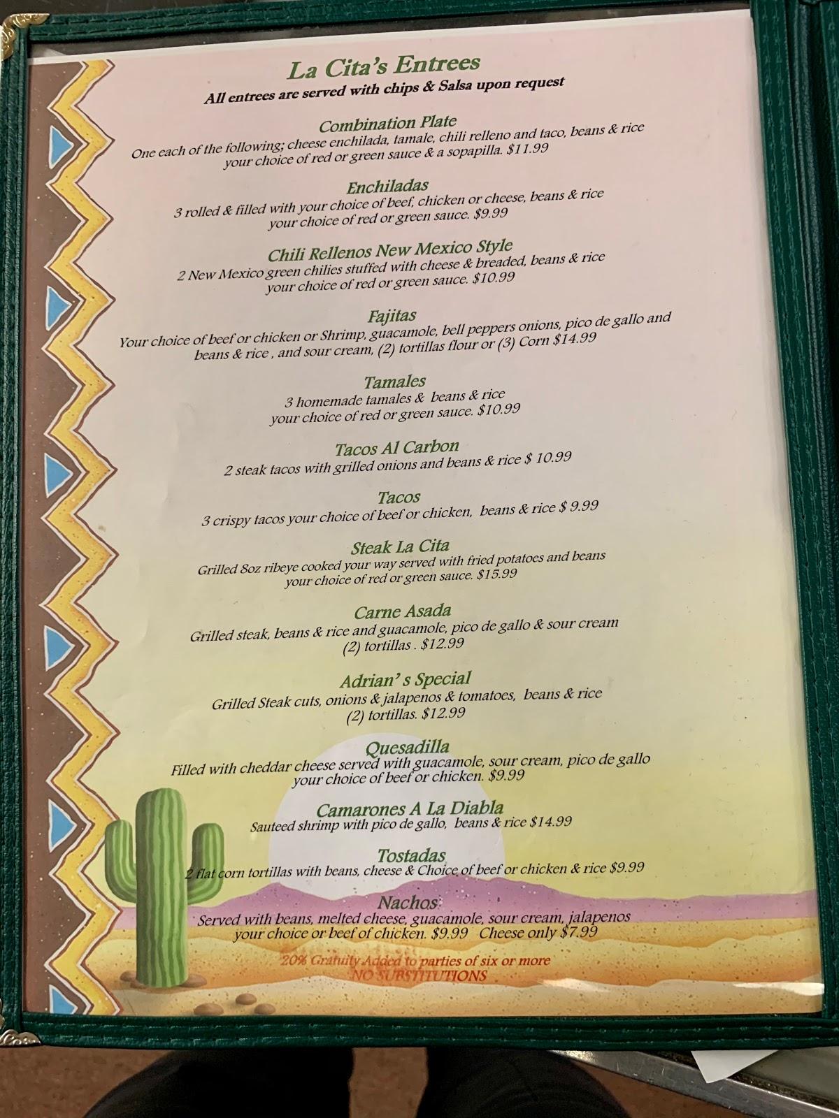 Menu at La Cita restaurant, Tucumcari