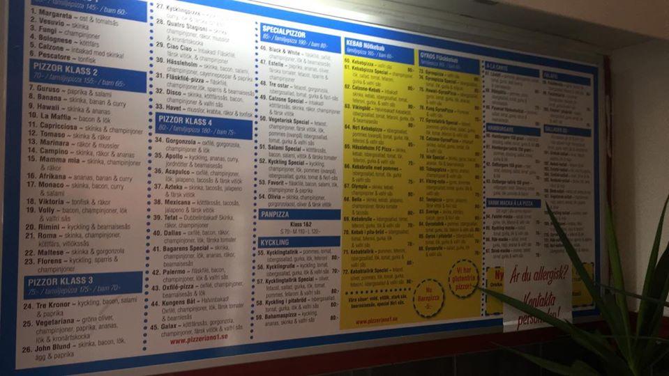 Menu at Pizzeria No1, Hässleholm, Åkaregatan 20B