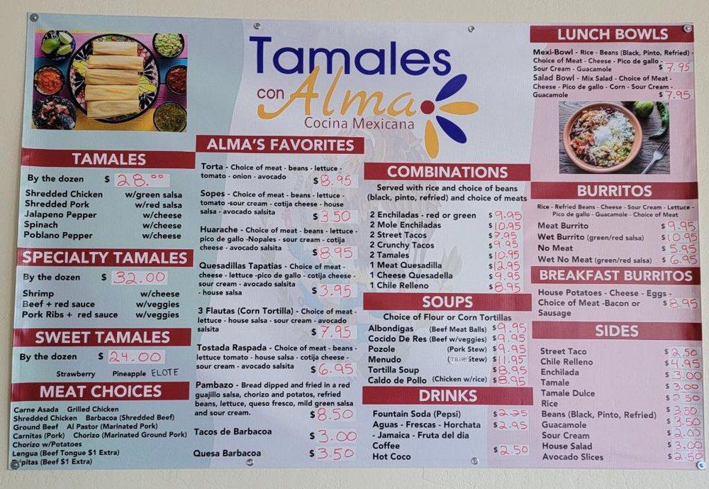 Menu at Tamales Con Alma Cocina Mexicana restaurant, Grants Pass