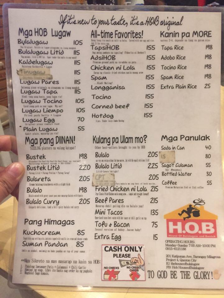 Menu at The House of Bulalugaw (H.O.B.) restaurant, Quezon City, J39C+6HX