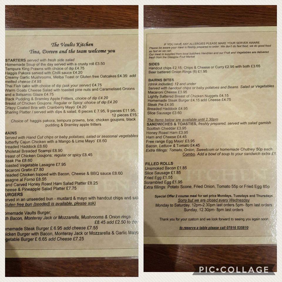 Menu at The Vaults pub & bar, Girvan