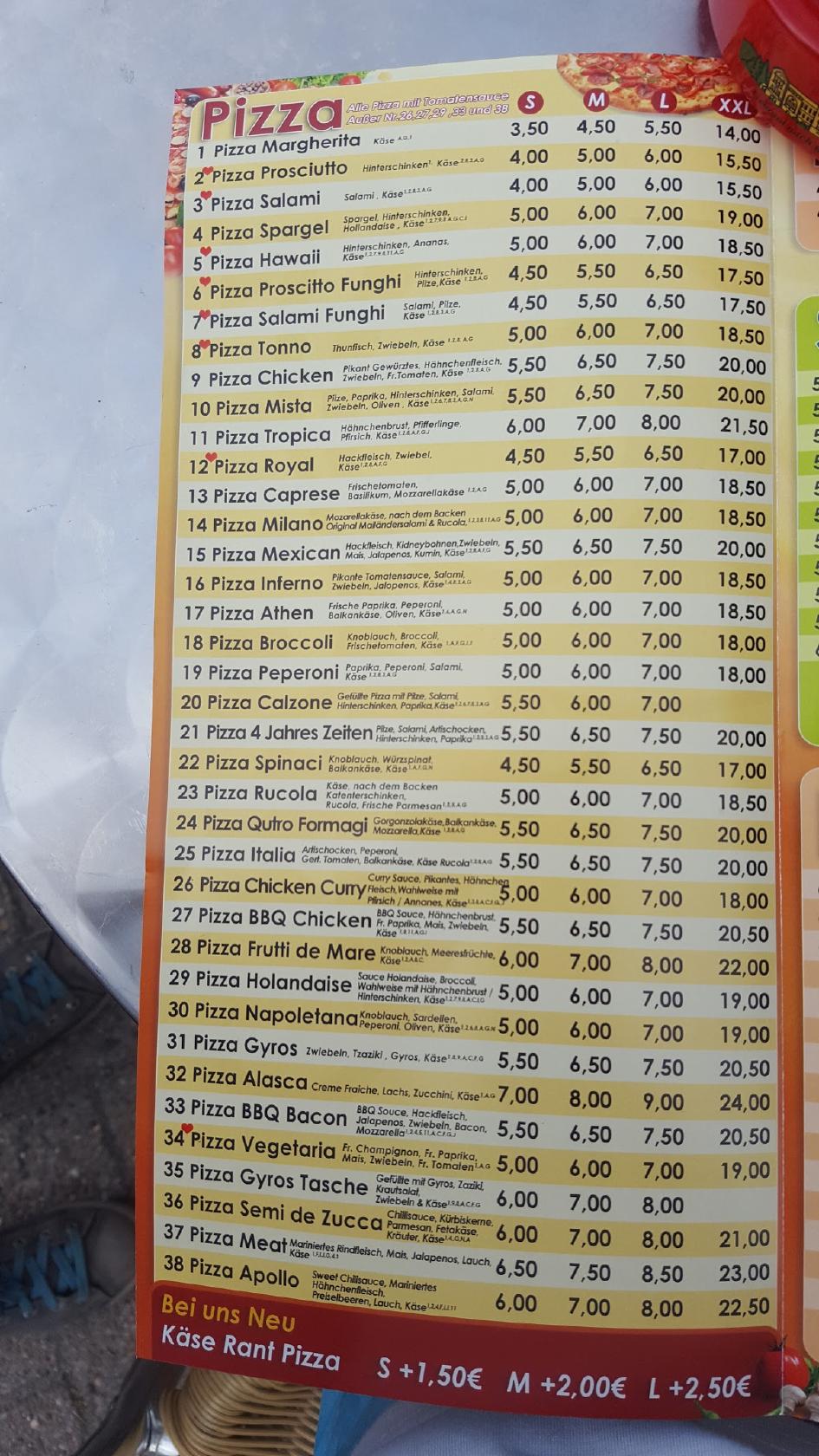 Menu at Appetito's restaurant, Enger