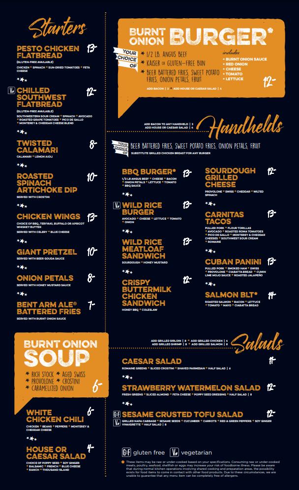 Menu at Burnt Onion Kitchen & Brews restaurant, Biwabik, Wynne Creek Dr