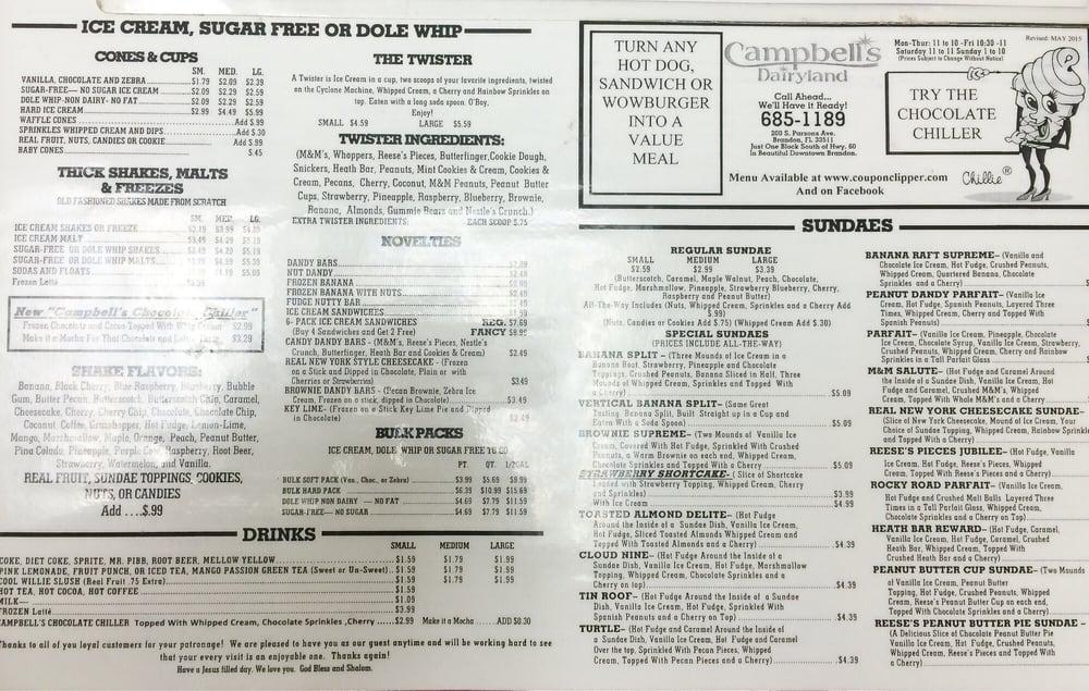 Menu at Campbell's Dairyland restaurant, Brandon
