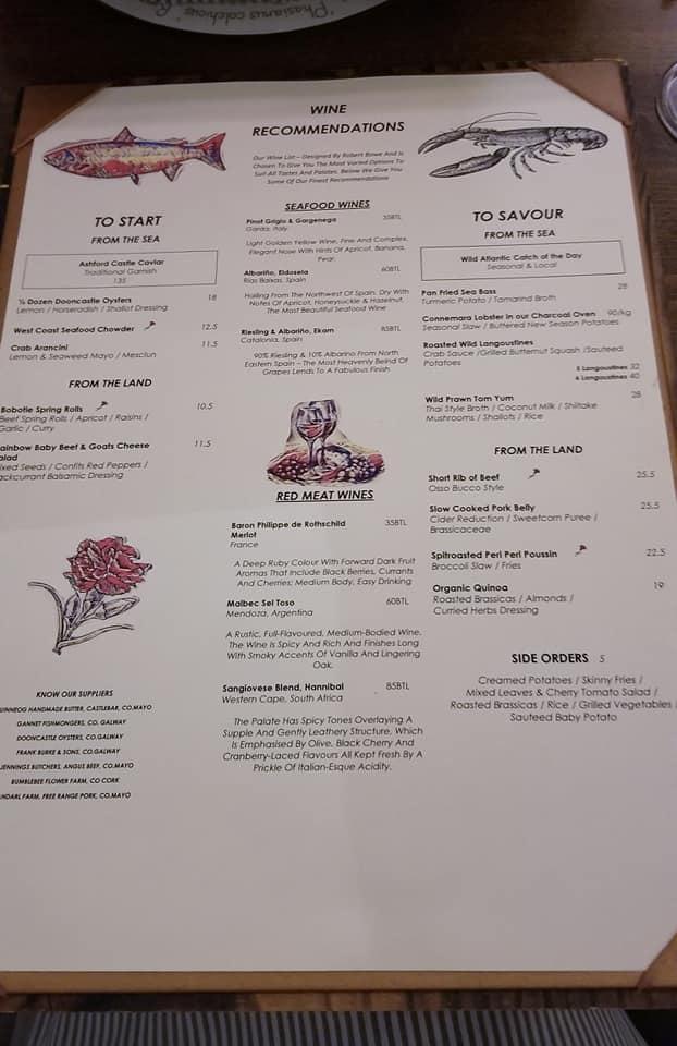 Menu at Cullen's at the Cottage restaurant, Cong