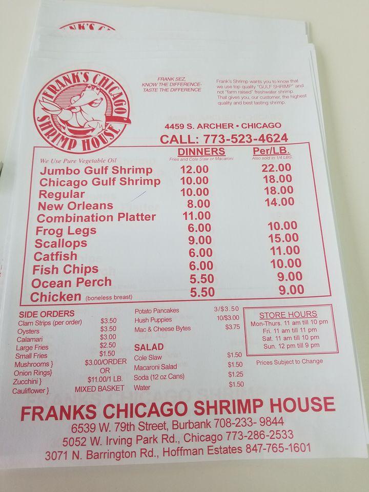Menu at Frank's Chicago Shrimp House restaurant, Chicago, S Archer Ave