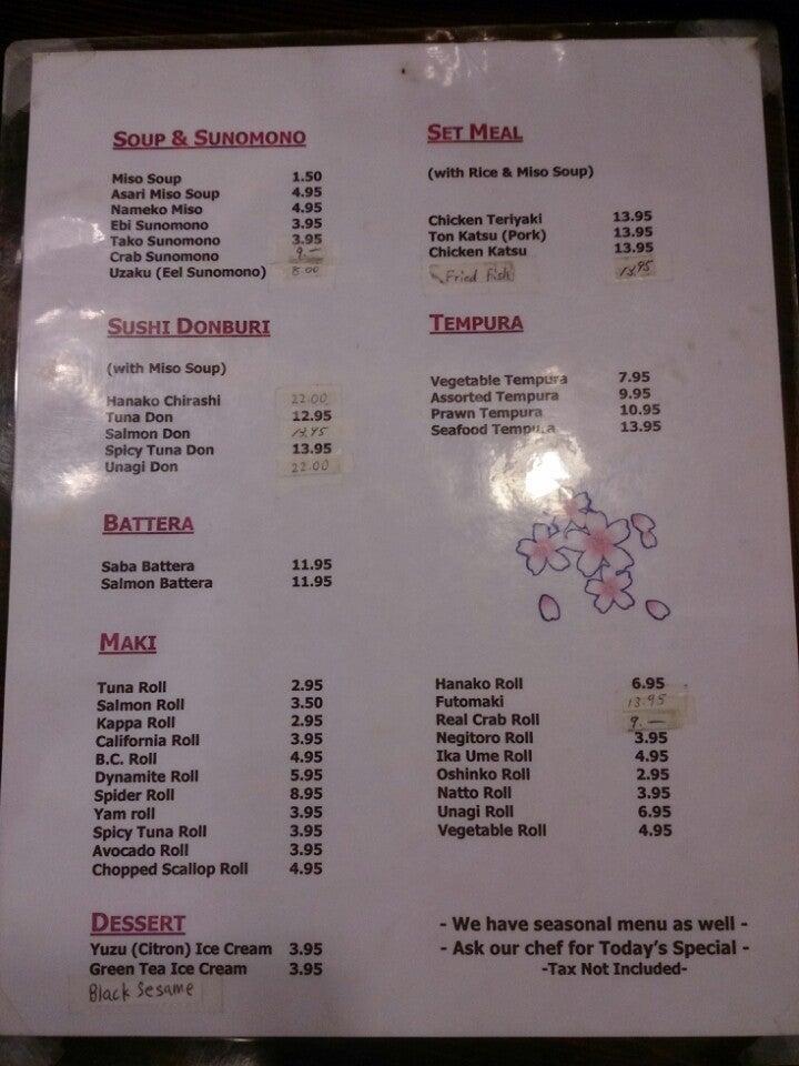 Menu at Hanako Japanese Restaurant, Surrey