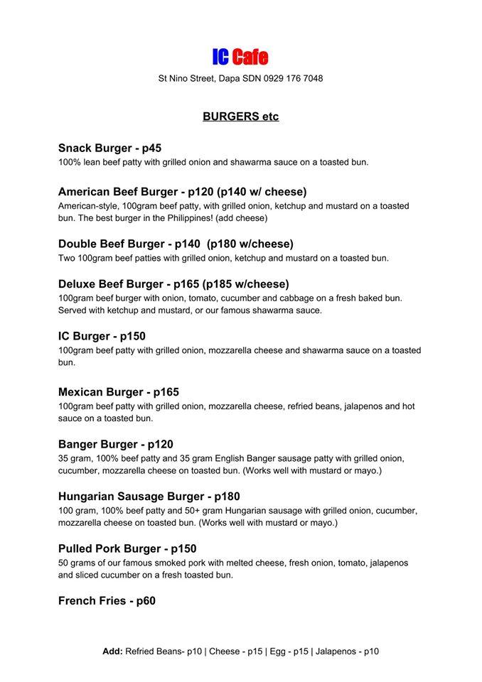 Menu at IC Cafe, Dapa