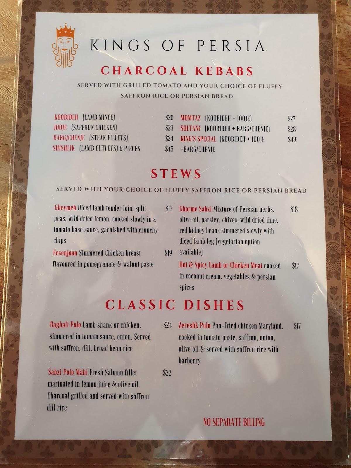 Menu at Kings Of Persia restaurant, Malaga