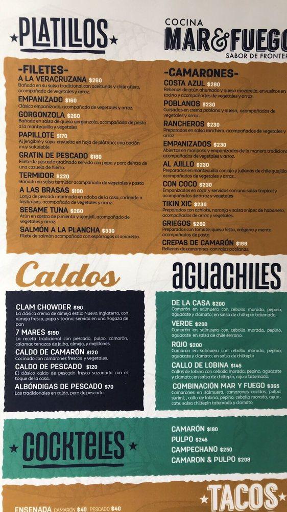 Menu at Mar & Fuego restaurant, Tijuana