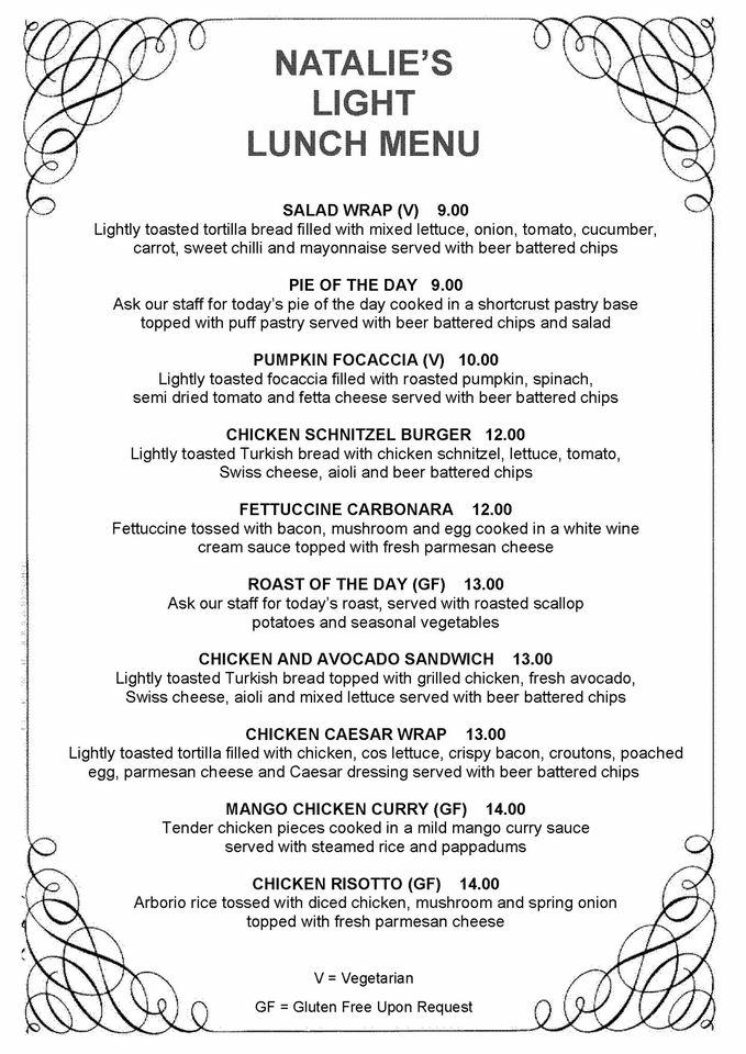 Menu at Natalie's Restaurant & BAR, Mitcham