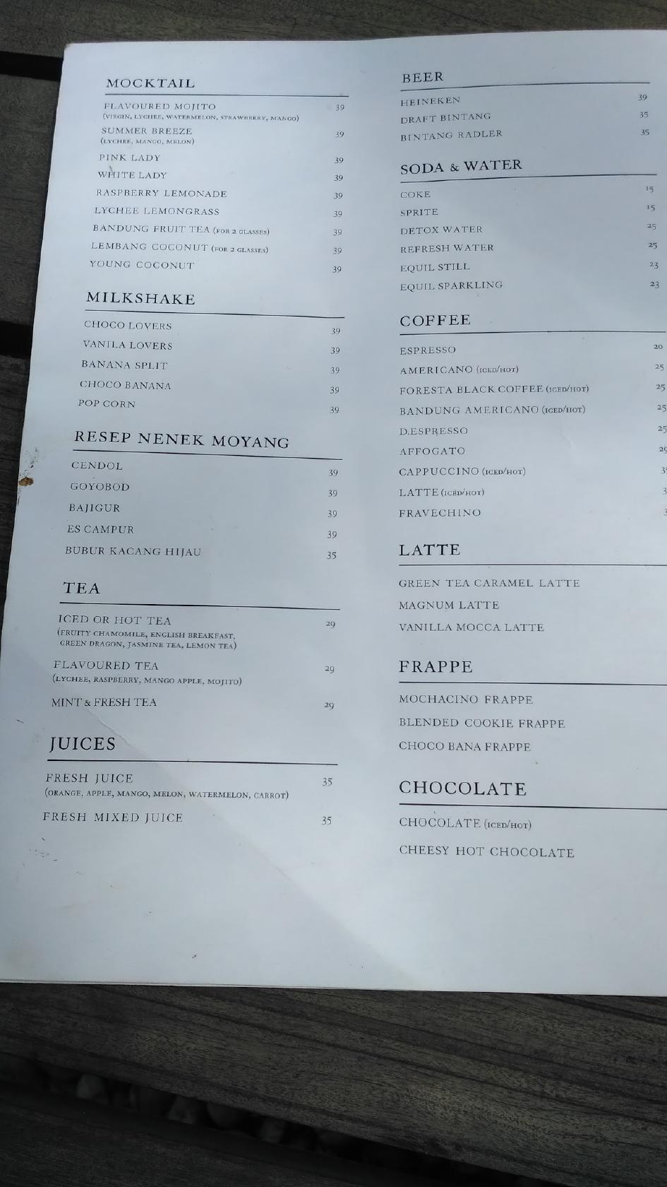 Carta del café foresta coffee, Bandung, Jl. Rancabentang No.28