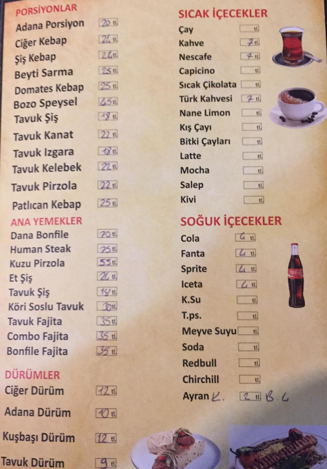 Menu at Bozo Burger, Alanya
