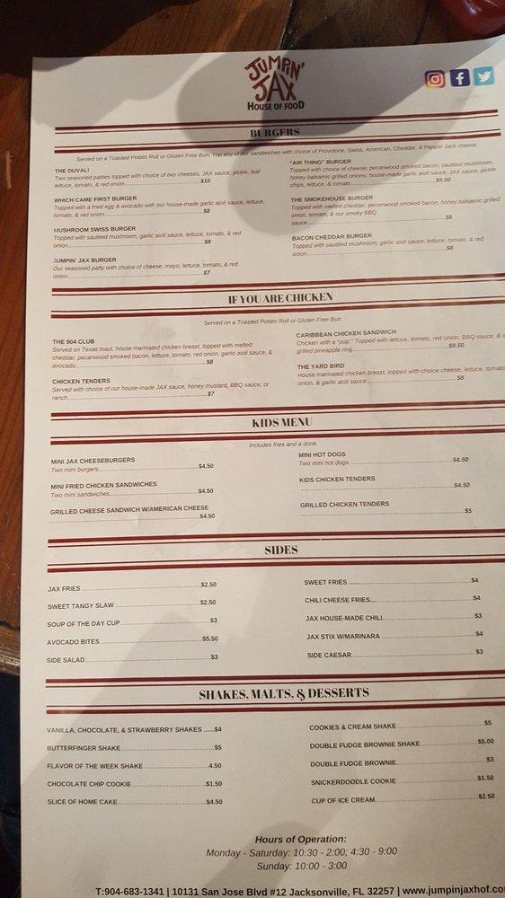 Menu at Jumpin' Jax House of Food pizzeria, Jacksonville, San Jose Blvd #12