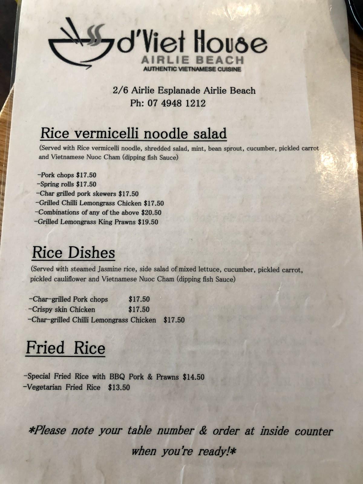 Menu at D'viet House restaurant, Airlie Beach