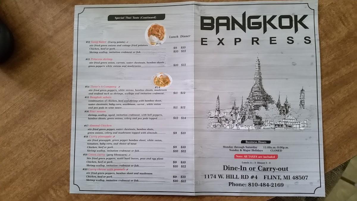 Menu at Bangkok Express restaurant, Flint
