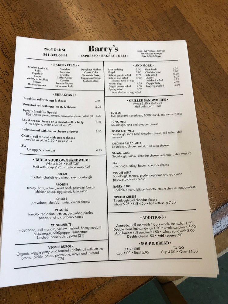 Menu at Barry's Espresso Bakery & Deli, Eugene, Oak St