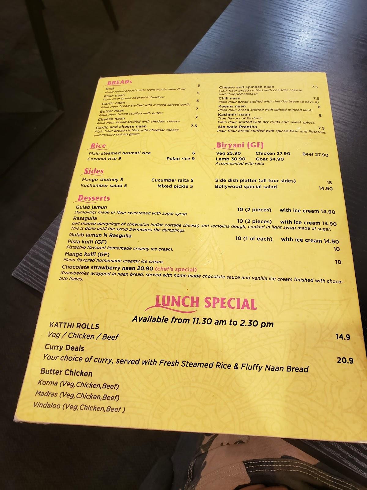 Menu at Bollywood Lounge Indian Restaurant, Karratha