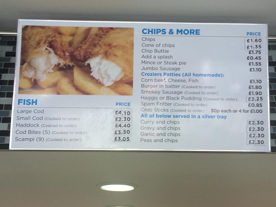 Menu at Crozier Fisheries restaurant, Sunderland