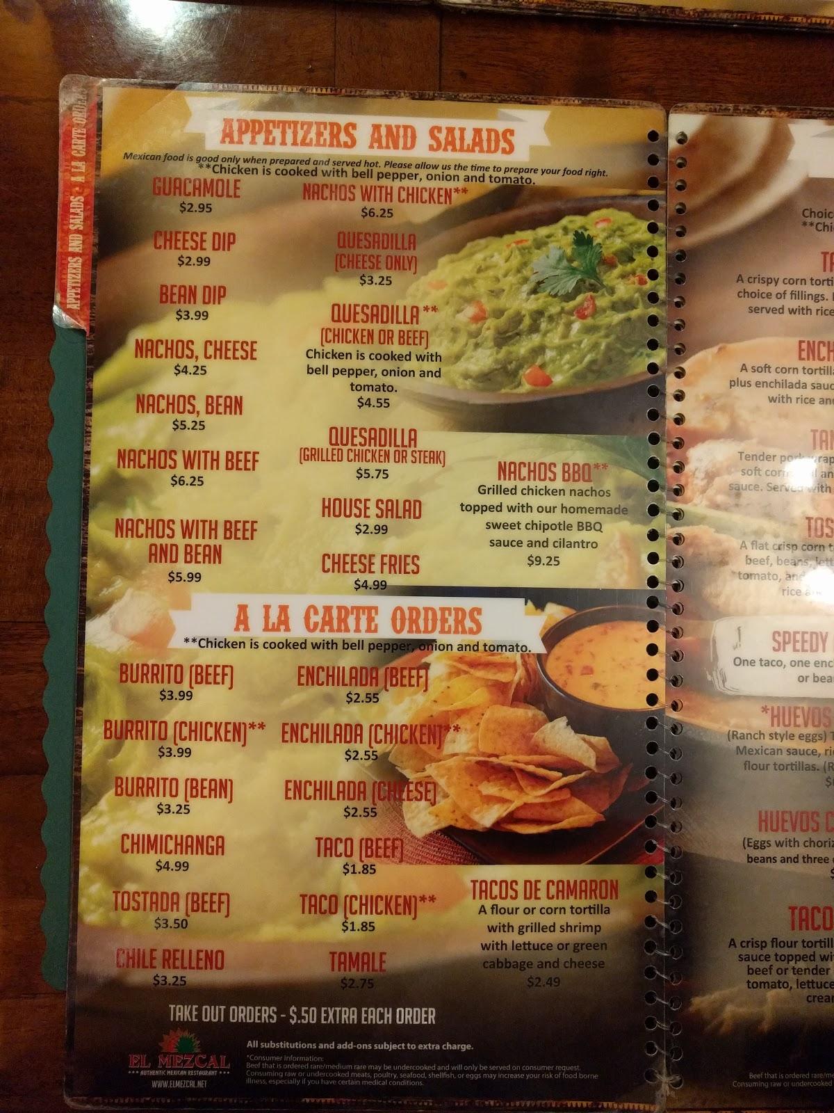 Menu at El Mezcal restaurant, Wausau