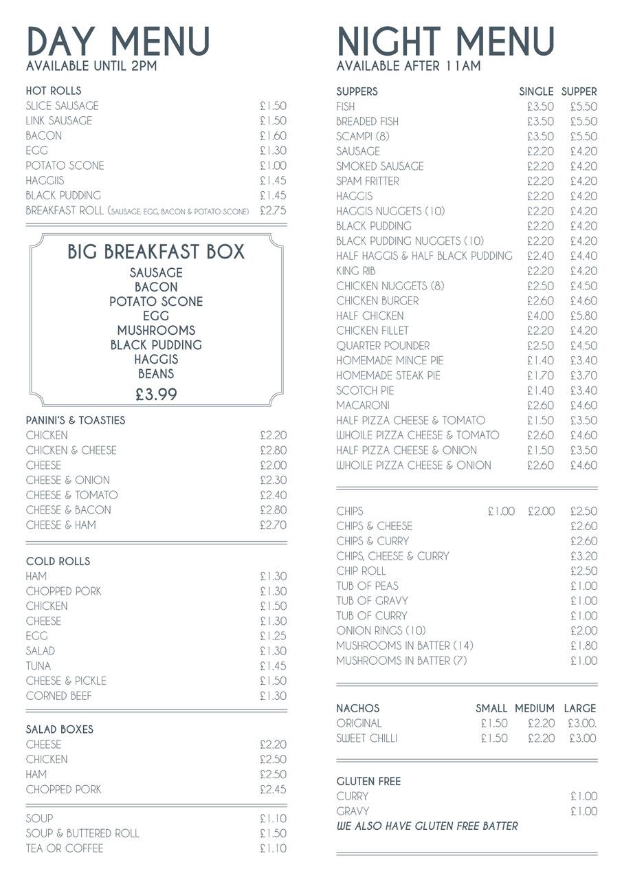Menu at WEE CHIPPY restaurant, Sanquhar