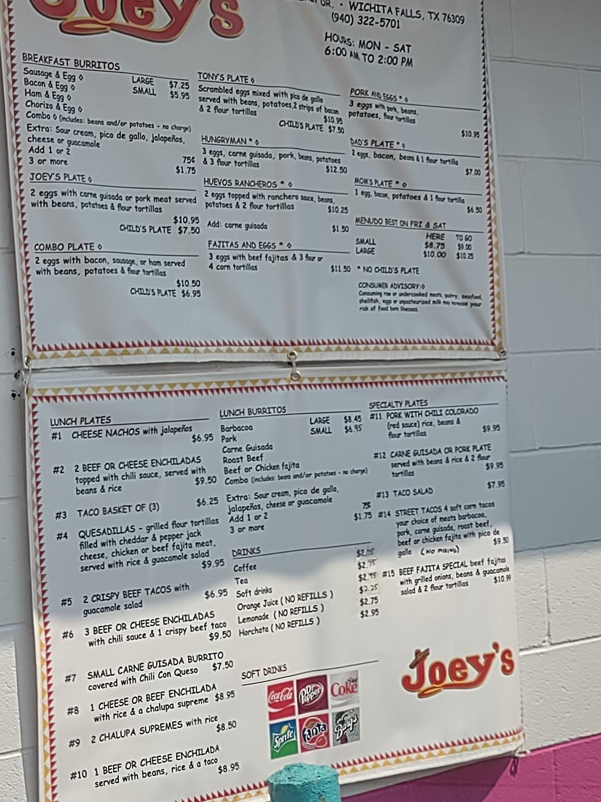 Menu at Joey's restaurant, Wichita Falls, 528 Beverly Dr
