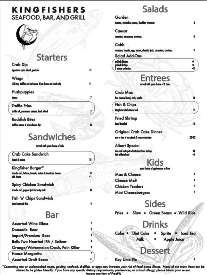 Menu at Kingfishers Seafood Bar & Grill, Solomons