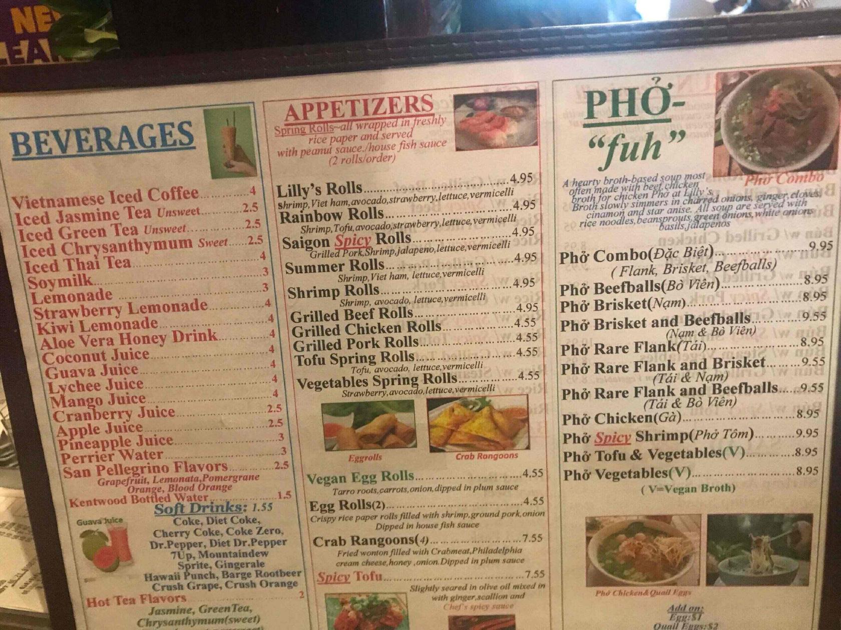 Menu at Lilly's Café restaurant, New Orleans
