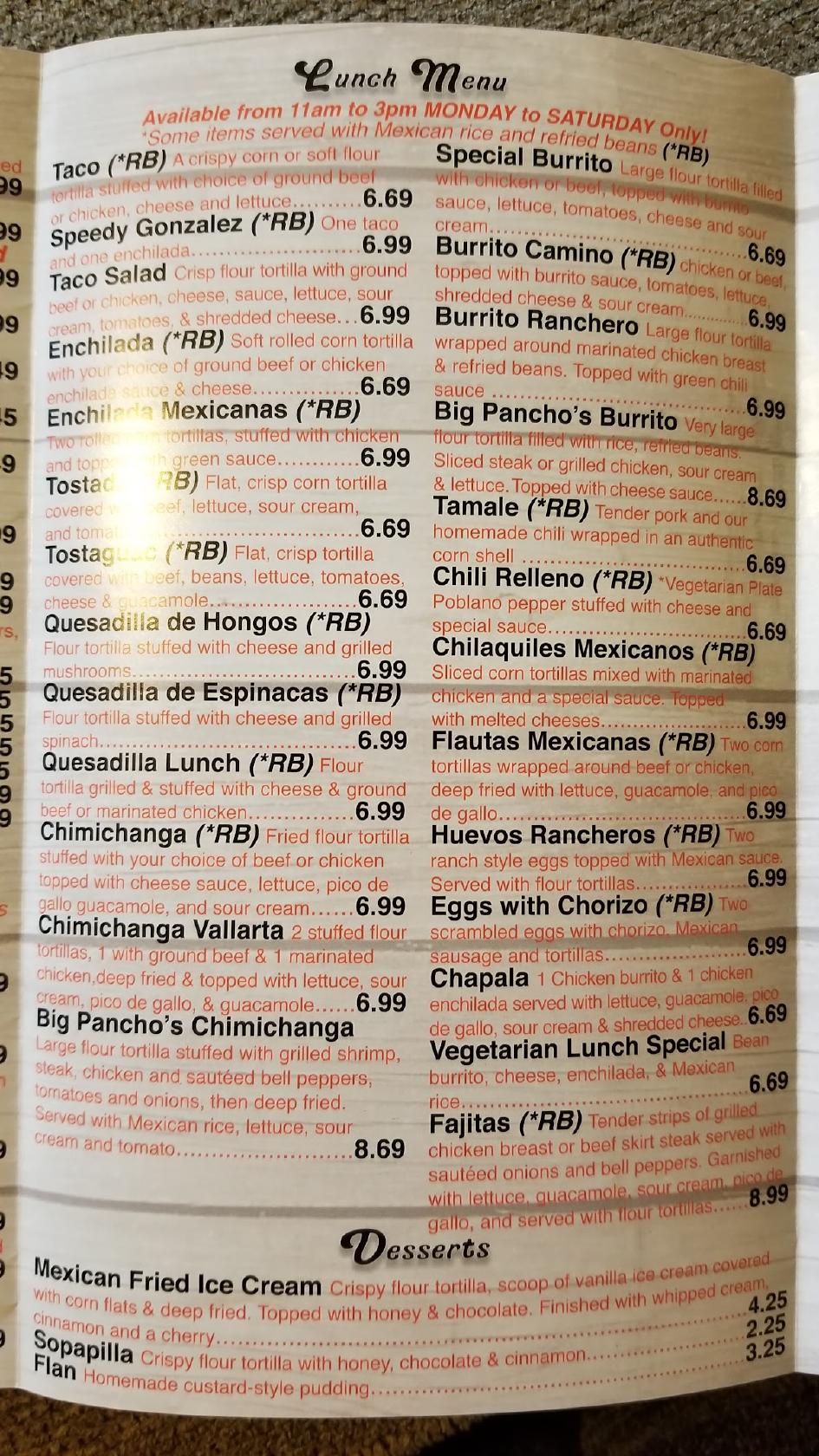 Menu at Los Tres Caminos restaurant, Paris